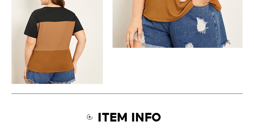 Lovito Plus Size Curve Casual Plain Colorblock Patchwork T-Shirt for ...