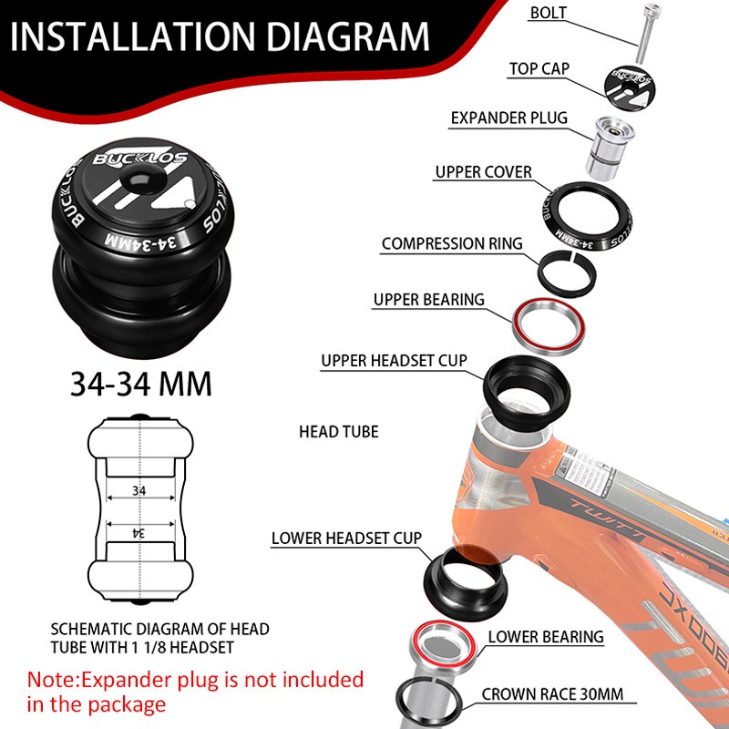 BUCKLOS Bike Headset Double Bearing 34-34/44-44/44-50.6/44-55/44-56/41.8/52mm Road Mountain Bike ...