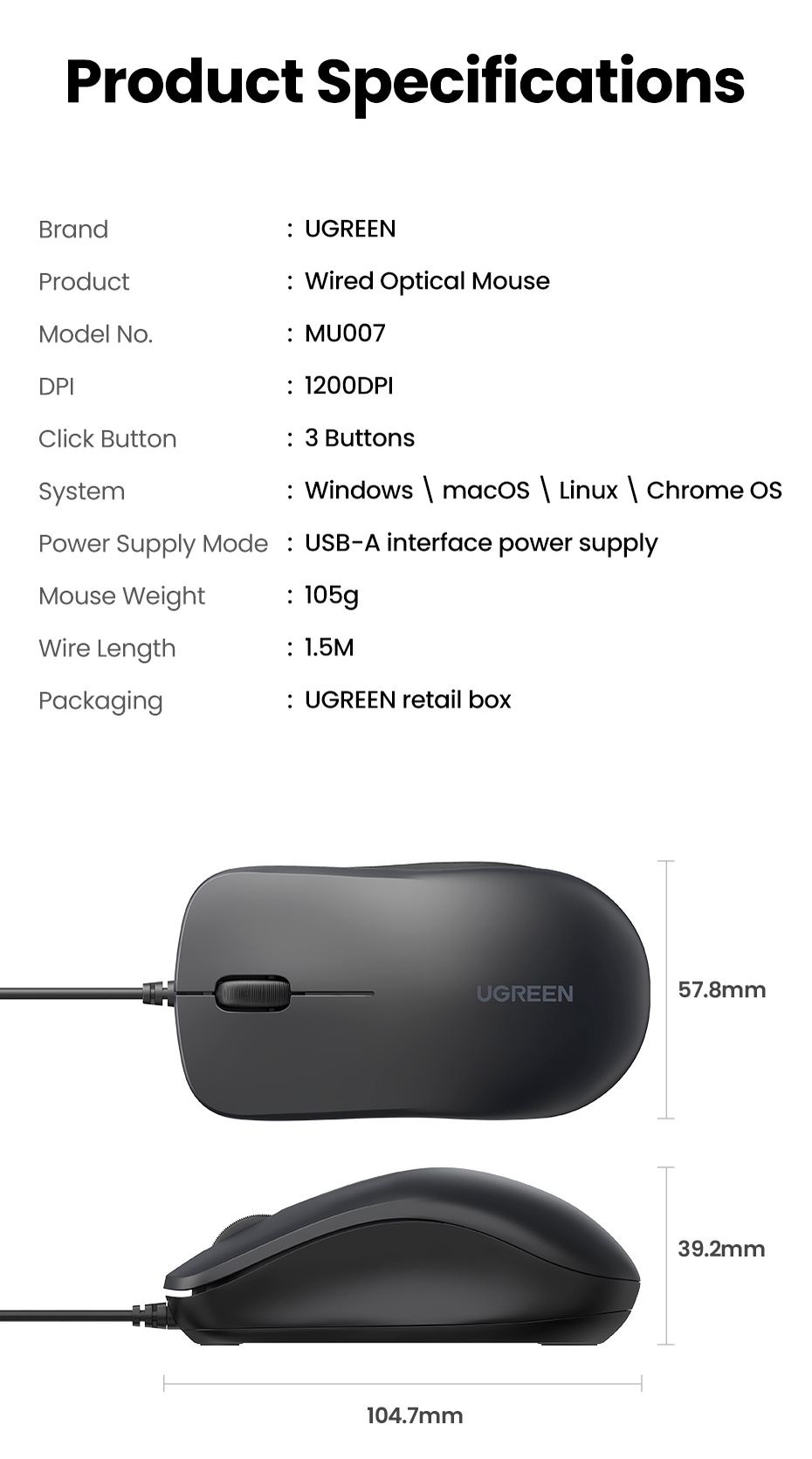 UGREEN USB Wired Mouse Ergonomic USB-A 3 Buttons 1200 DPI Optical Mice ...