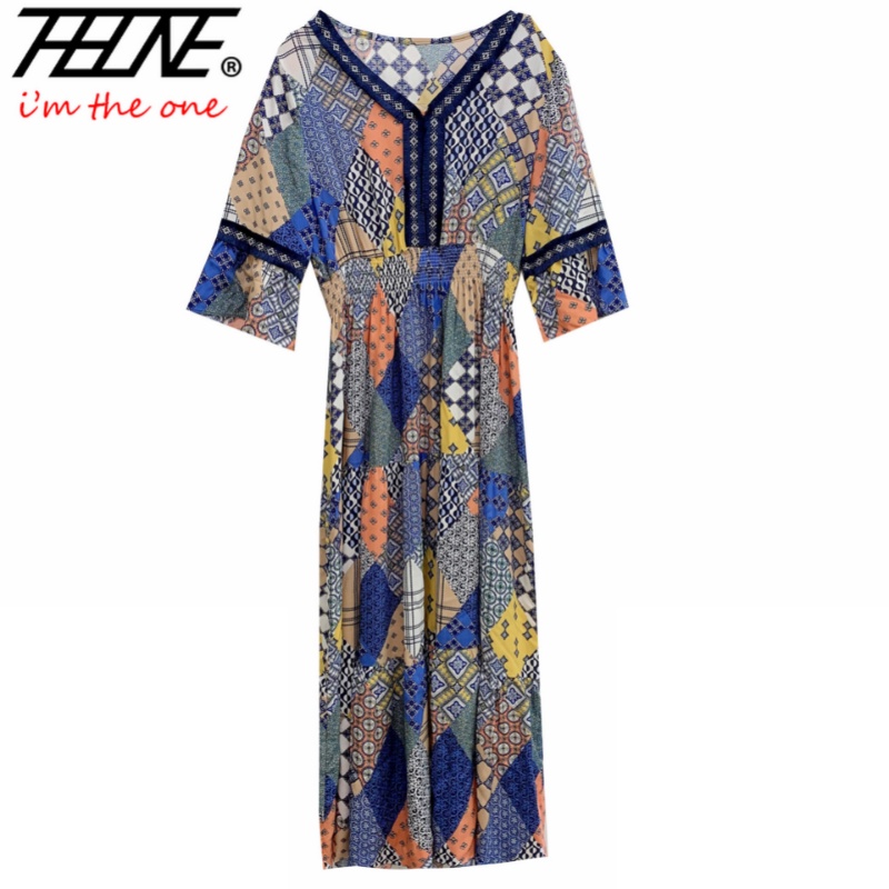THHONE New Dress Women Boho Loose Bohemian Korean Style Maxi V-neck ...