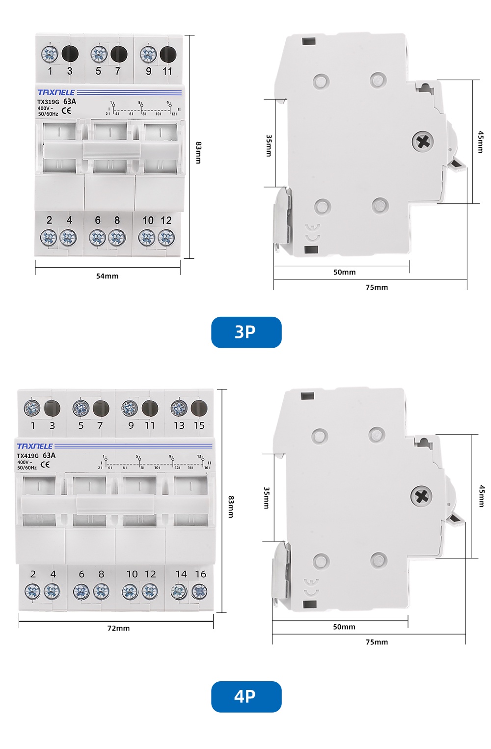 TAXNELE 1P 2P 3P 4P 40A 63A MTS Dual Power Manual Transfer Switch Interlock Circuit Breaker Din ...