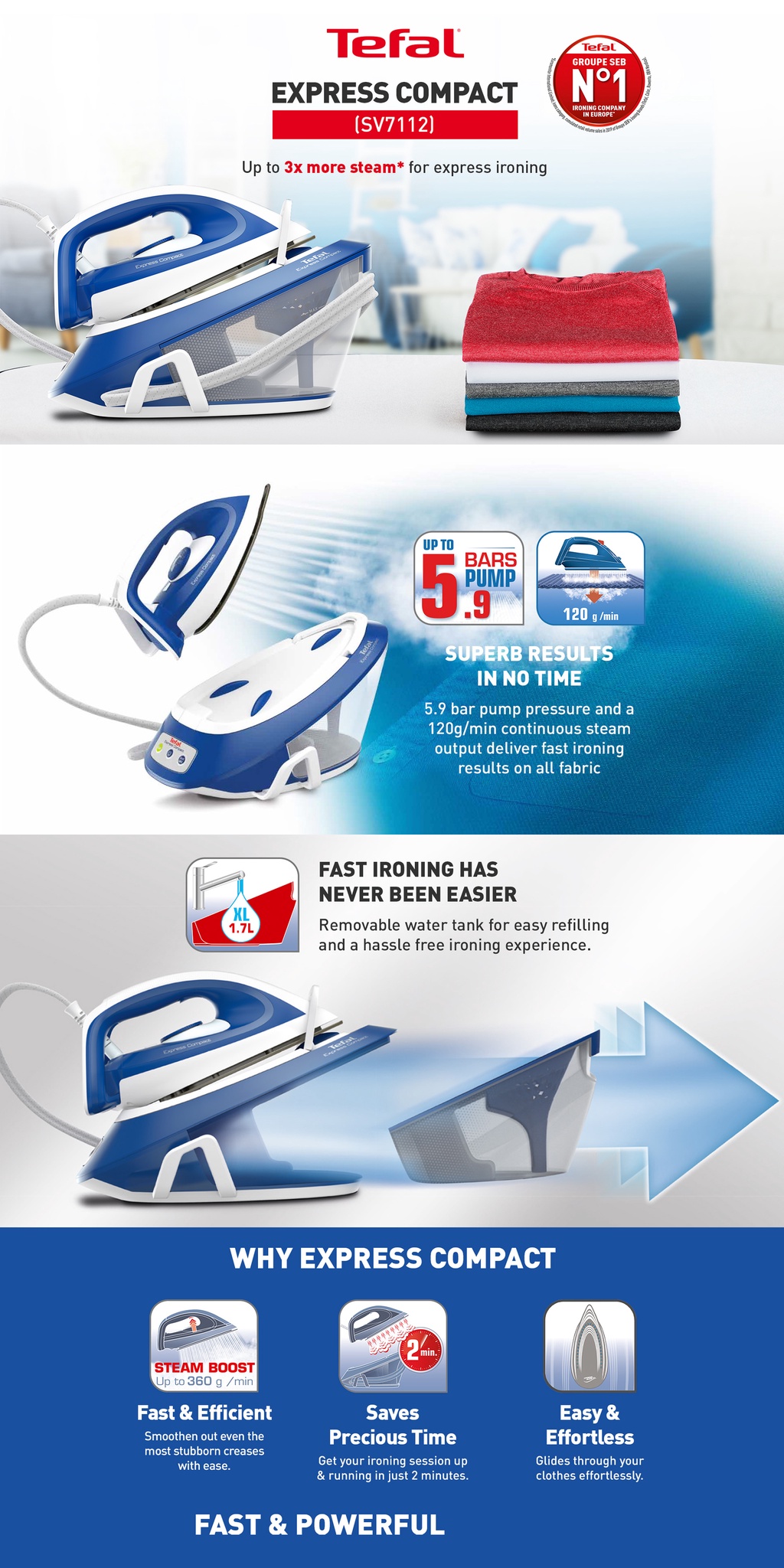 Tefal SV7112 EXPRESS COMPACT Steam Generator Steam Iron SV7112G0 ...