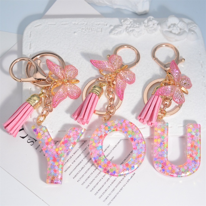 Fashion Pink Tassel 26Letters Butterfly Keychain Multi-Color Star ...