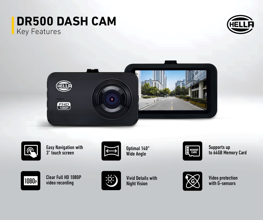 HELLA DR500 Dash Camera Single CH 3.5" LCD Screen Full HD 1080P with G ...