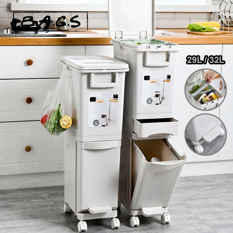 THEBAGS 29L/32L Movable Dustbin Large Capacity Recycle Rubbish Bin ...