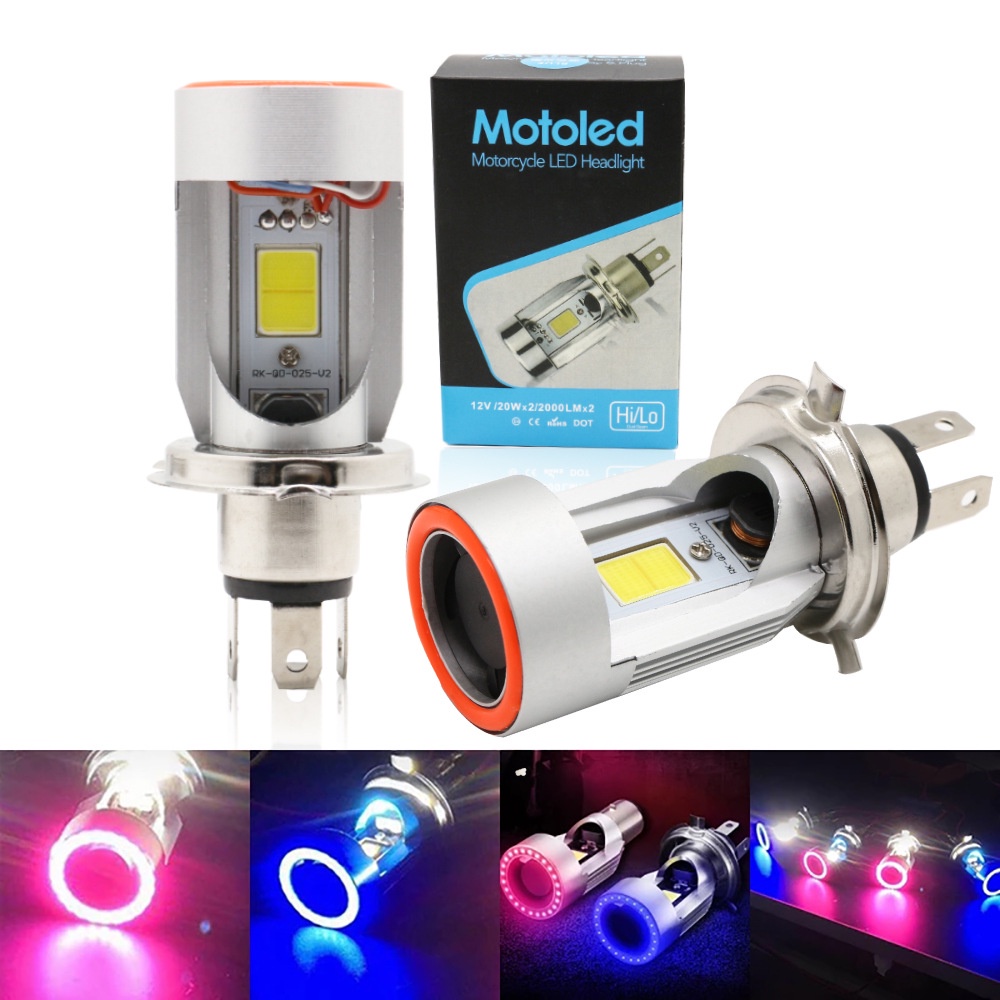 12/24V Blue/pink Angel Eye H4 LED Motorcycle Headlight Hi-low Bulb Ba20d HS1 H6 Plug&play ...