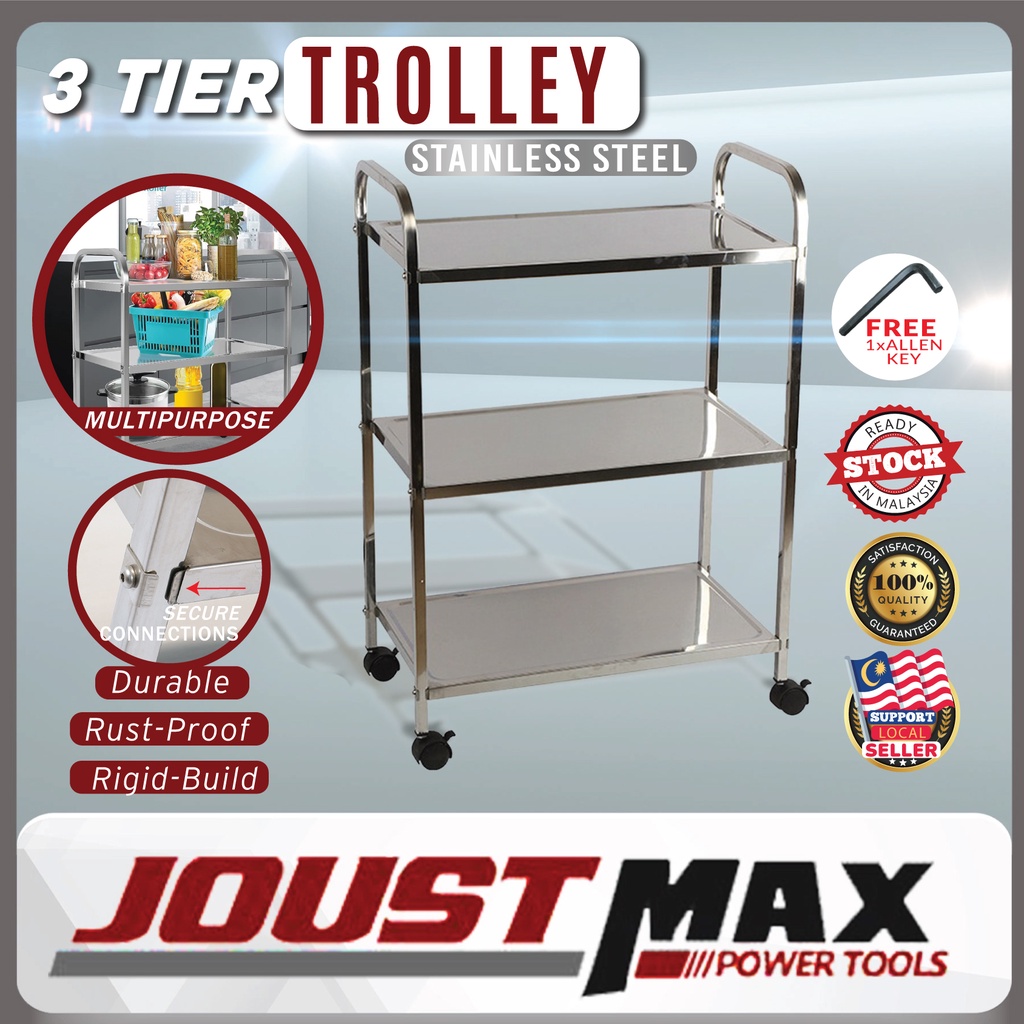 3 Tier Trolley Stainless Steel 4 Wheel Heavy Duty Food Multi Rack ...