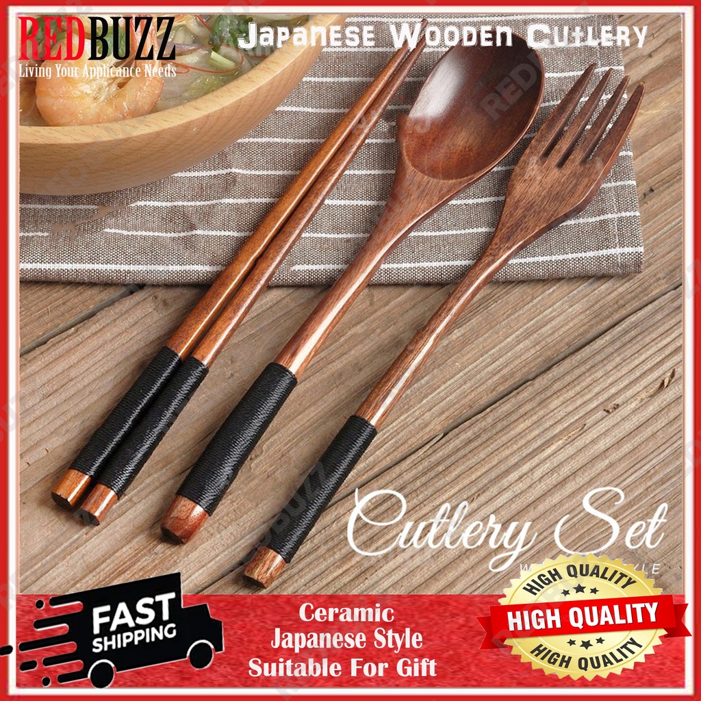 REDBUZZ Japanese 1 Set Wooden Utensil Tableware Fork Spoon Chopsticks ...