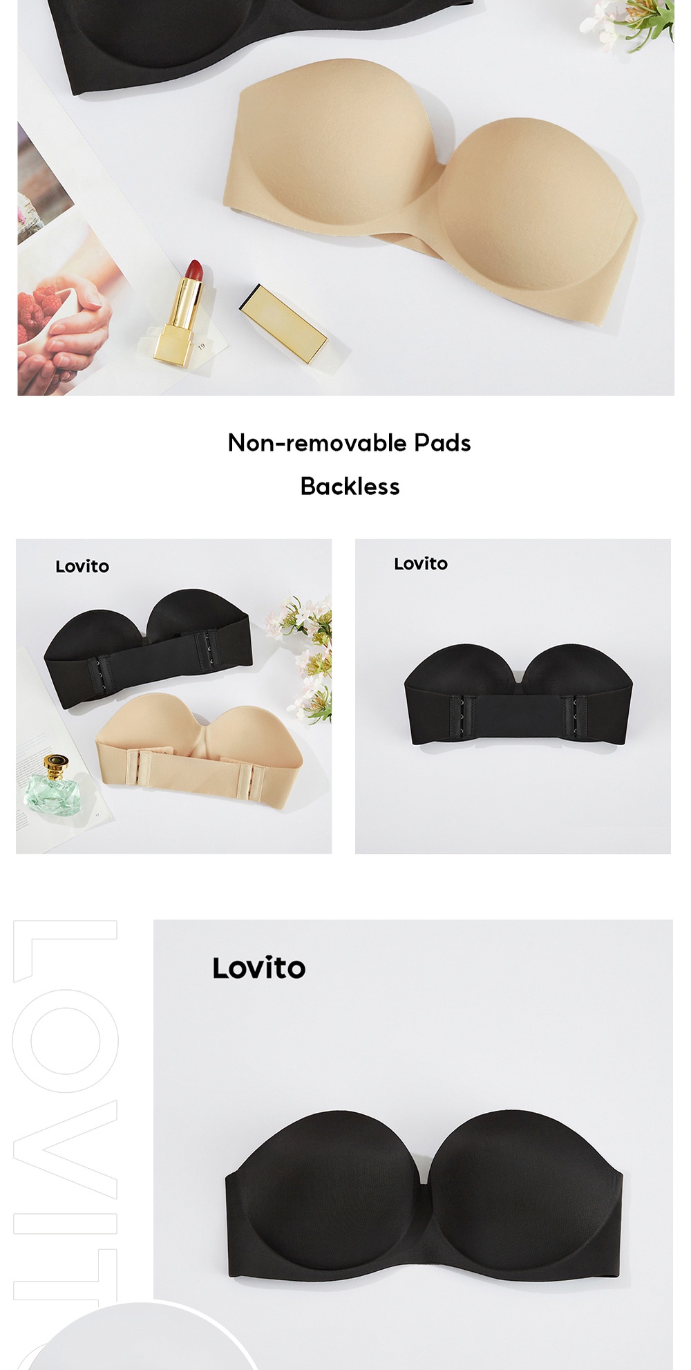Lovito Elegant Push up Bralette Strapless Backless Removable Pads ...