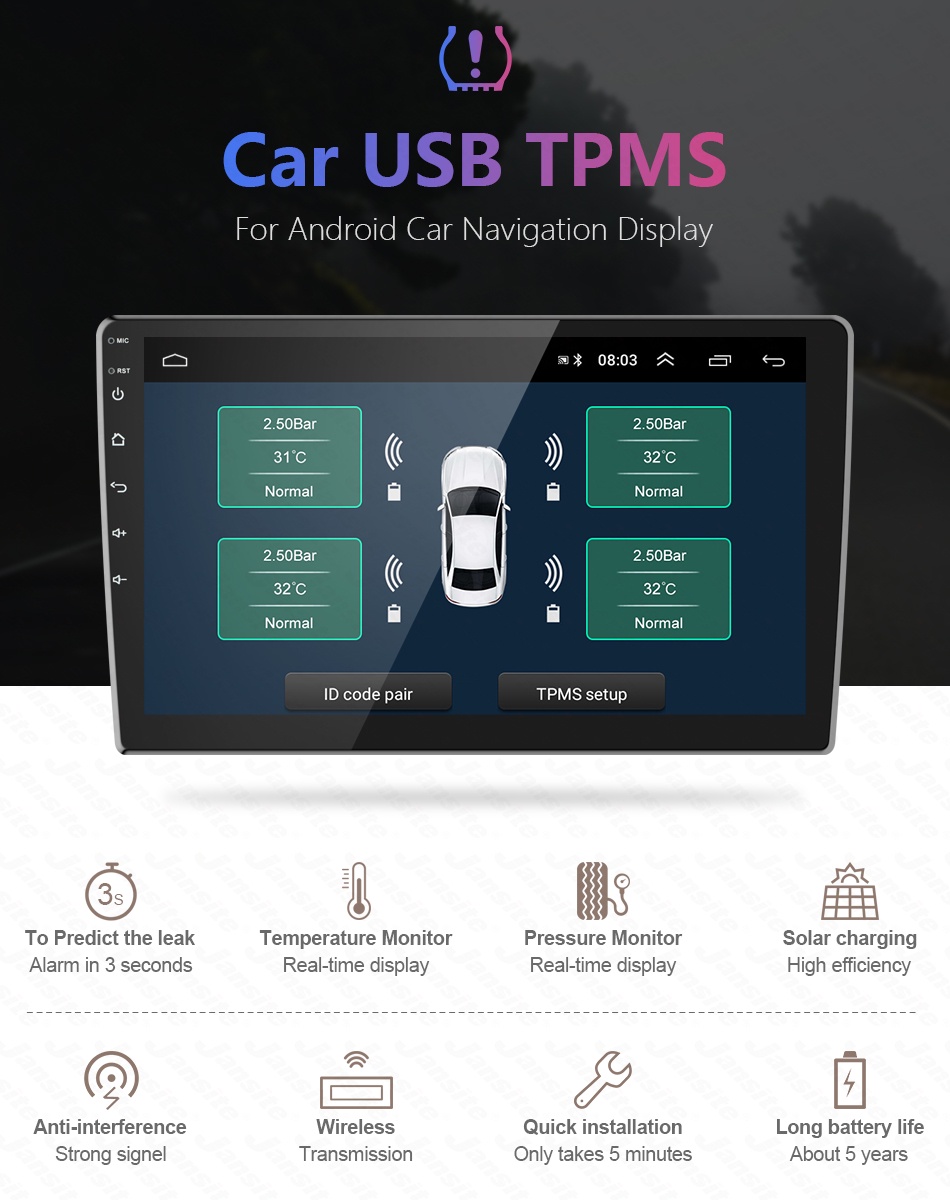 USB Car Tire Pressure Alarm Monitor System TPMS for Car Android Navigation Player with 4 Sensors ...