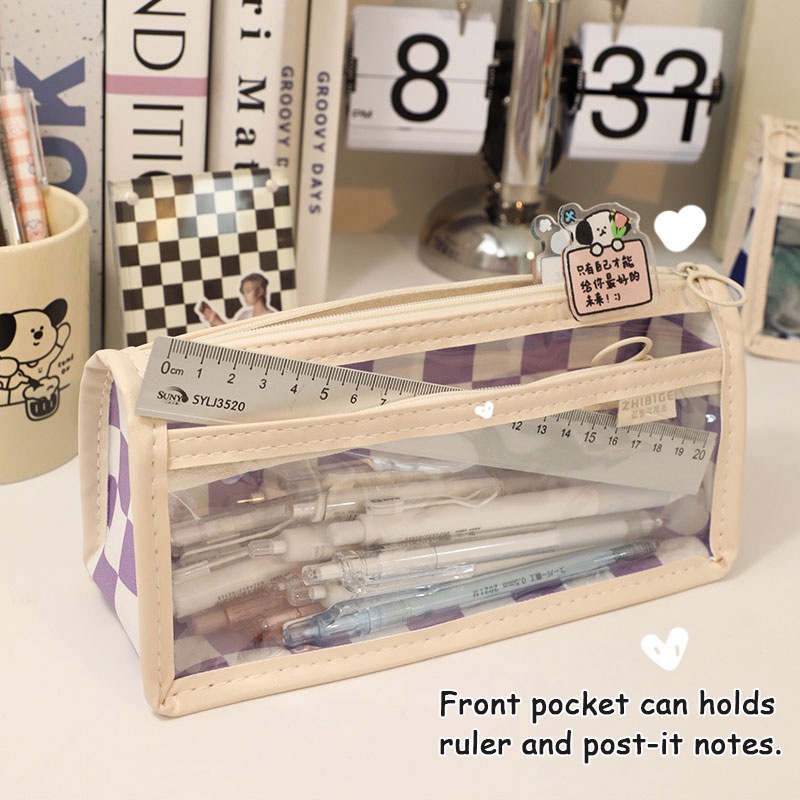 Checkerboard Pencil Case Simple Large Capacity Student Stationery Box ...