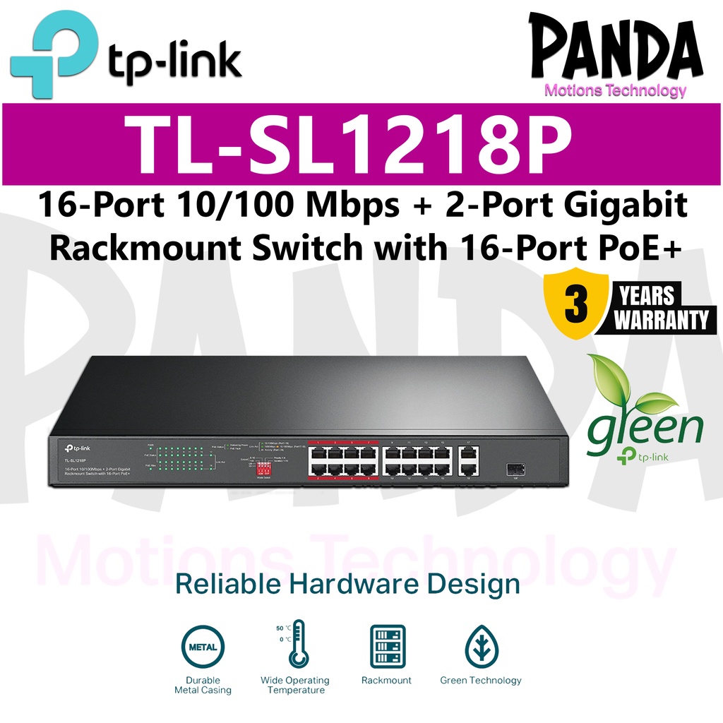 TP-Link 16-Port 10/100 Mbps + 2-Port Gigabit Rackmount Switch with 16-Port PoE+ (TL-SL1218P ...