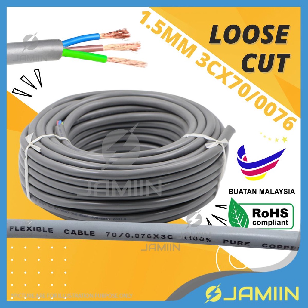 [LOOSE CUT] 1.5MM 3 Core X 70/0076 Made In MALAYSIA Full Copper ...