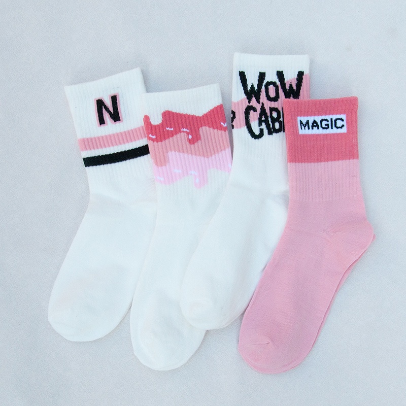 Women's Pink tube socks pure cotton ins fashionable student sports ...