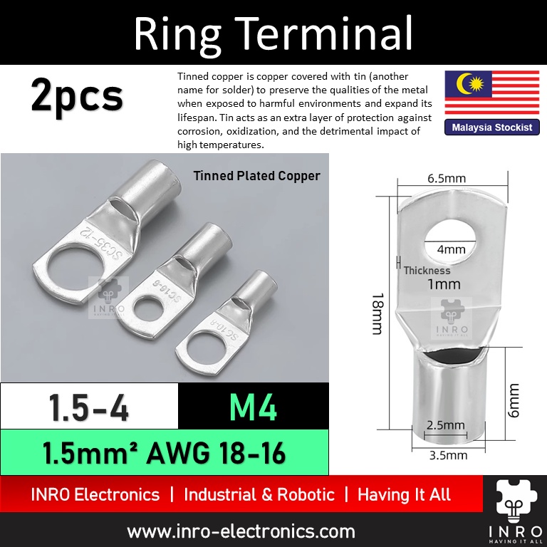 [1pcs 2pcs] Tinned Pure Copper Cable Lug Terminal - M4 M5 M6 M8 M10 M12 4mm/6mm/10mm/16mm/25mm ...