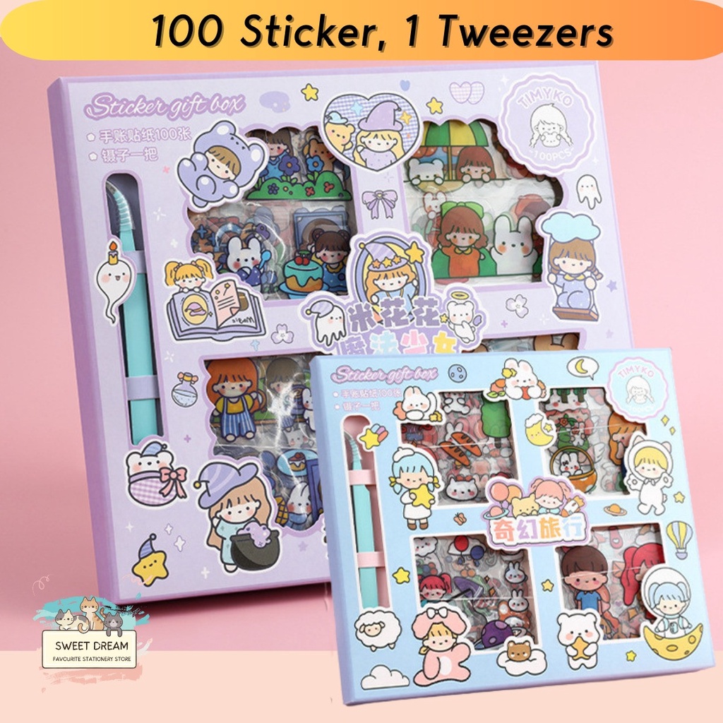100 Sheet Pcs 1 Tweezers Lovely Cute Design Waterproof Sticker Journal ...