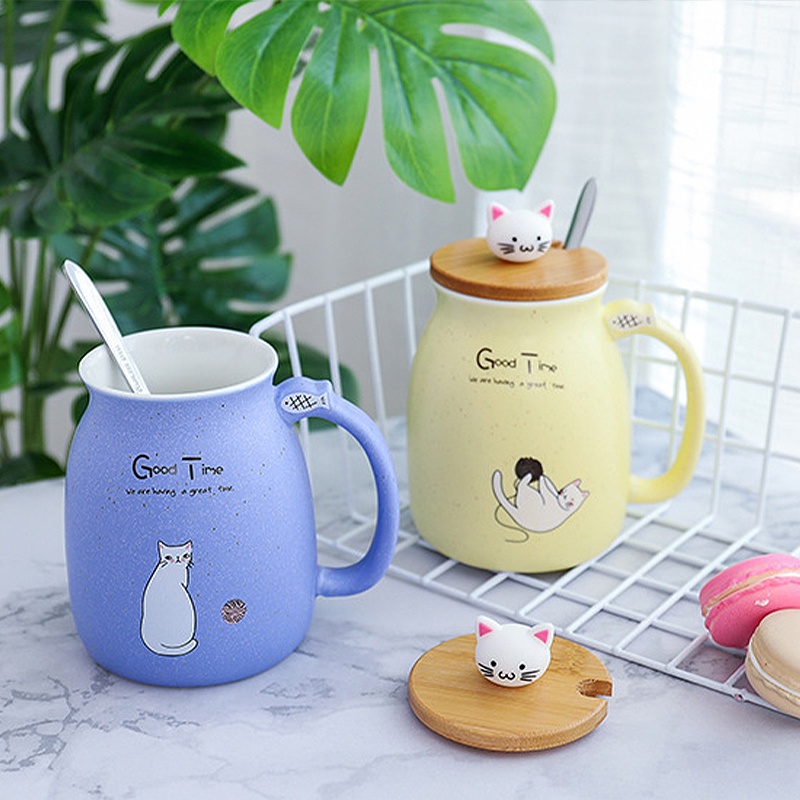 Wide Mouth 450ml Cute Cat Ceramic Mug 3D Kitten Wooden Lid Stainless ...