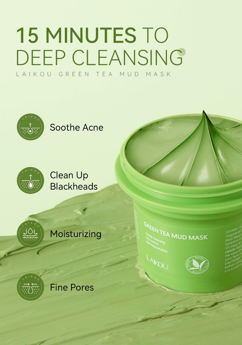 LAIKOU Green Tea Mud Mask Deep Cleansing Pores Blackhead Reduce Acne ...