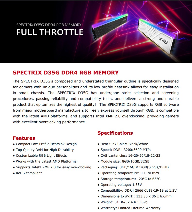 ADATA XPG SPECTRIX D35G RGB DDR4 Memory Module Gaming RAM ( Black ...