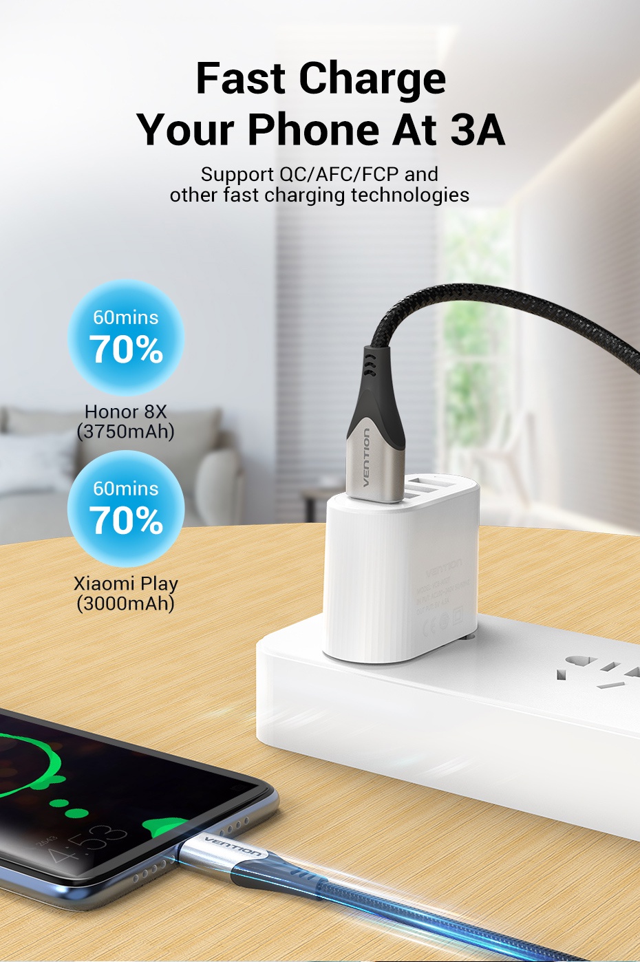 Vention Micro USB Cable 3A Nylon Fast Charger USB Type C Data Cable for ...