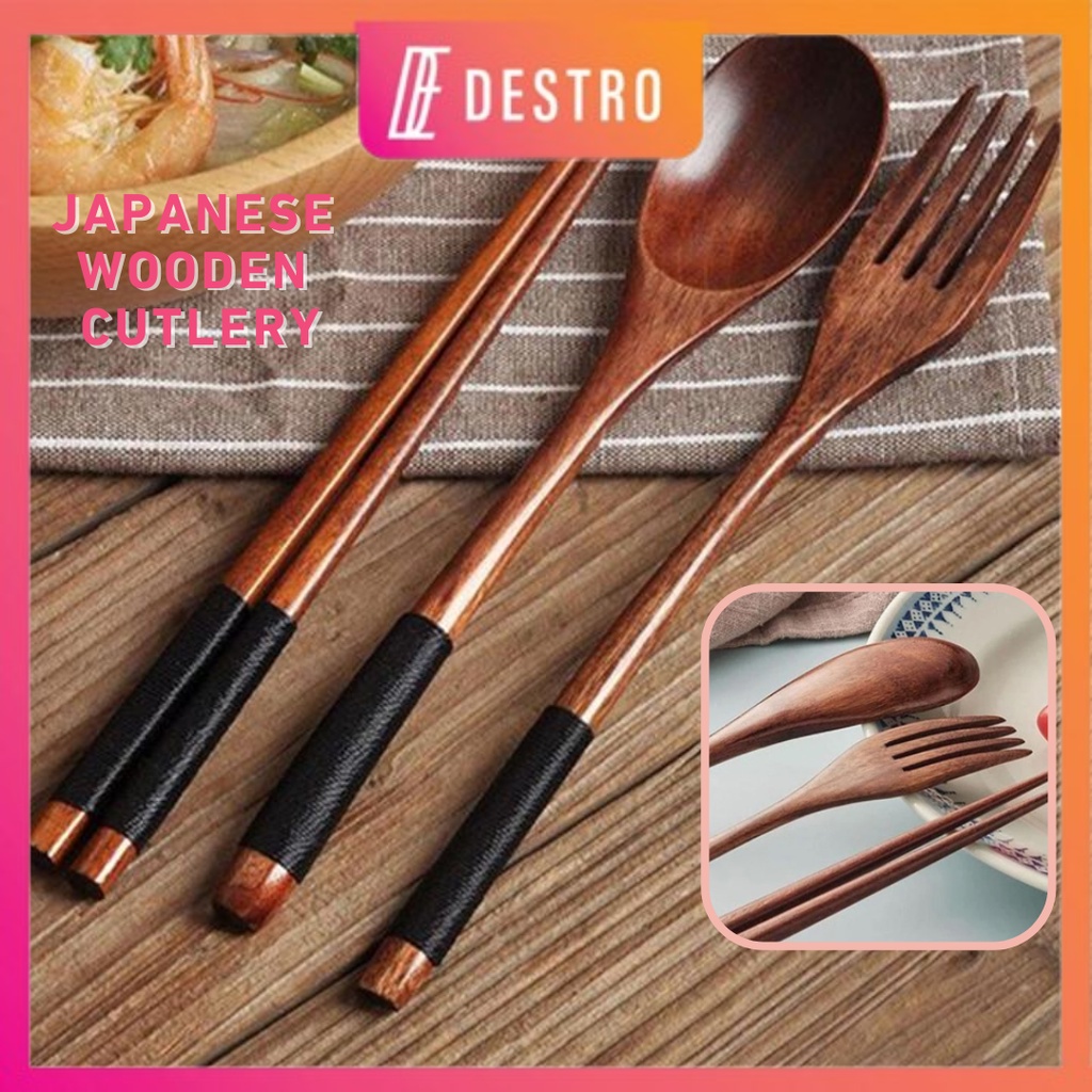 Destro Japanese 1 Set Wooden Utensil Tableware Fork Spoon Chopsticks ...
