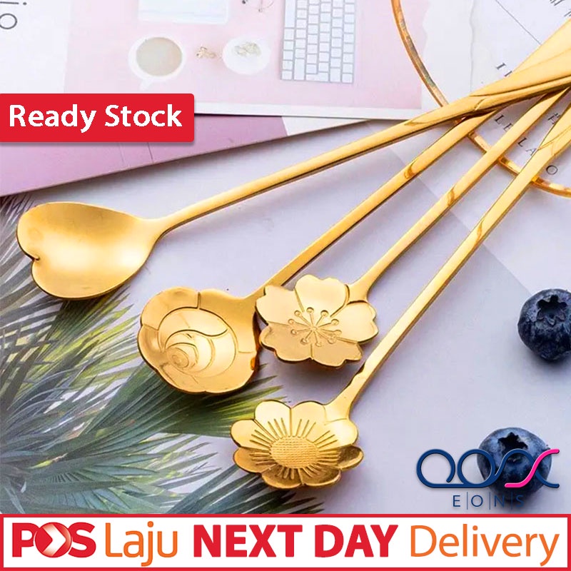ELEGANT 💖 Gold Plated Stainless Steel Flower Spoon Dessert Coffee Tea ...