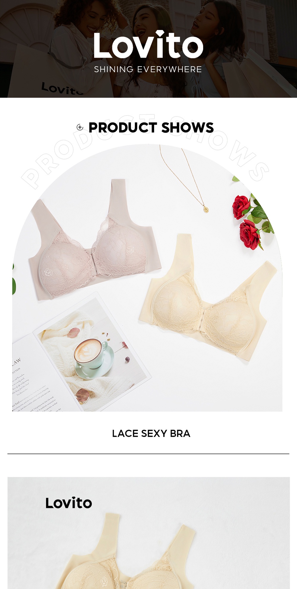 Lovito Lace Sexy Contrast Lace No Show Front Close 3/4 Coverage ...