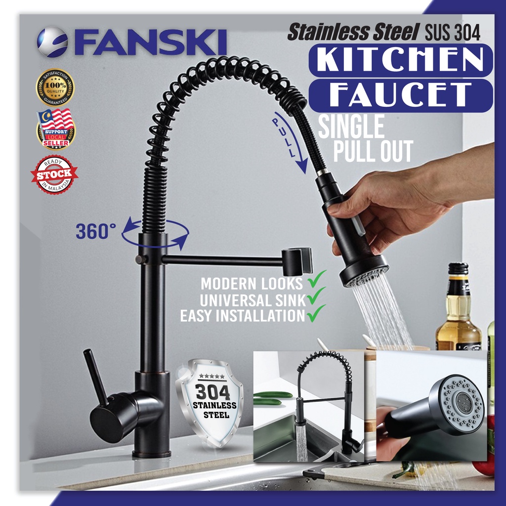 Stainless Steel 304 Single Pull Out Kitchen Faucet Modern Mixer Tap ...