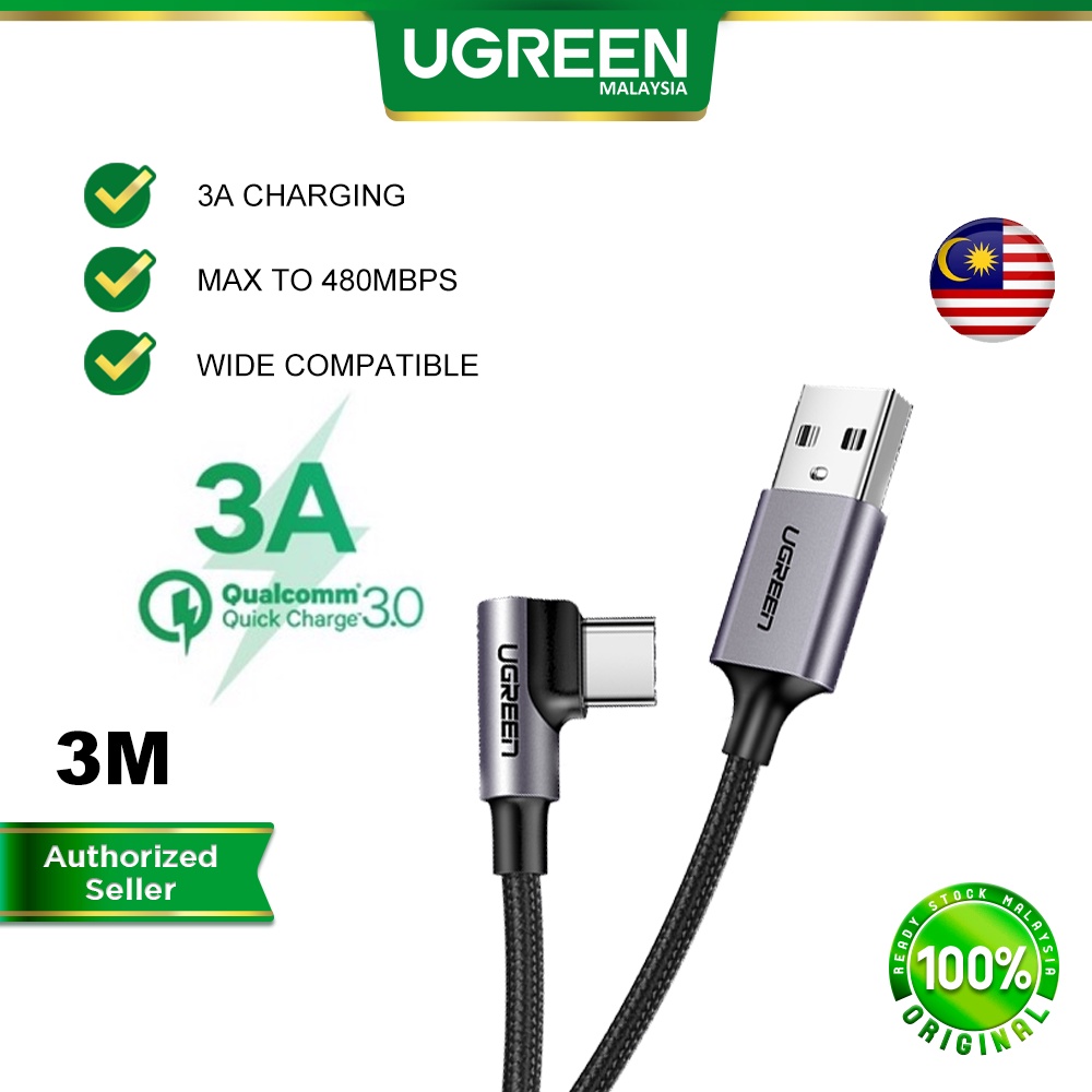 UGREEN USB A to USB C 3 Meter Type C 90 Degree 3A Cable Gaming Charging ...