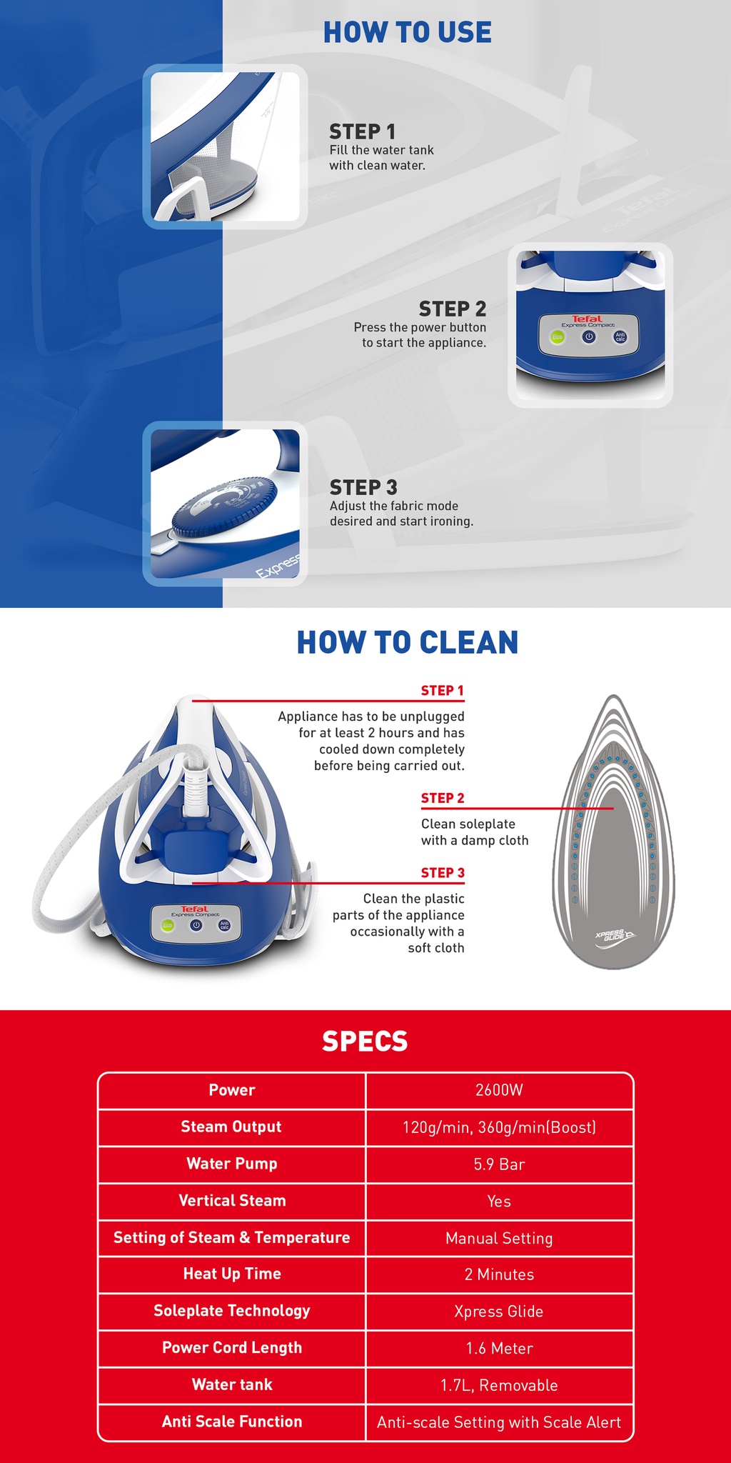 Tefal SV7112 EXPRESS COMPACT Steam Generator Steam Iron SV7112G0 ...