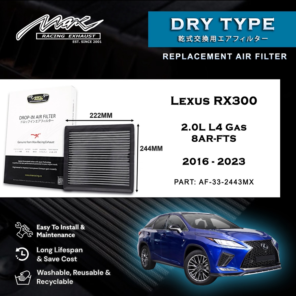 Lexus RX300 2.0L L4 Gas 8AR-FTS 2016-2023 33-2443MX Max Racing Exhaust ...