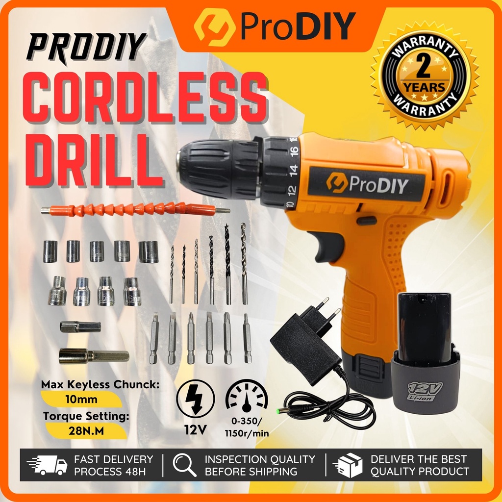 PRODIY Cordless Drill 26pcs 12V 11LI Portable Battery 12V1.5Ah Handheld ...