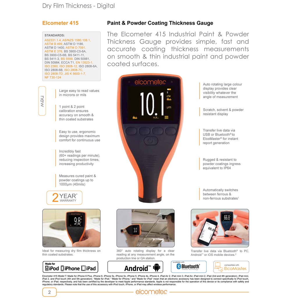Elcometer 415 A415CFNFBI Integral Probe Coating Thickness Gauge Dual ...