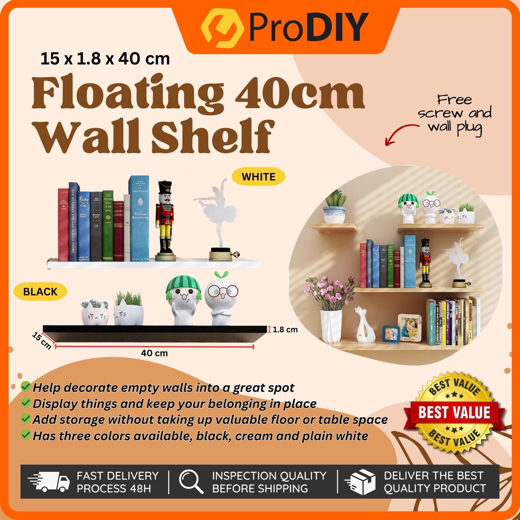 40cm Wall Shelf DIY Floating Shelf Room Decoration Rak Dinding Gantung ...