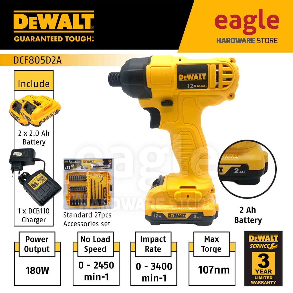Dewalt DCF805D2A-B1 1/4" ( 6.35mm ) 10.8/12V Cordless Impact Driver ...