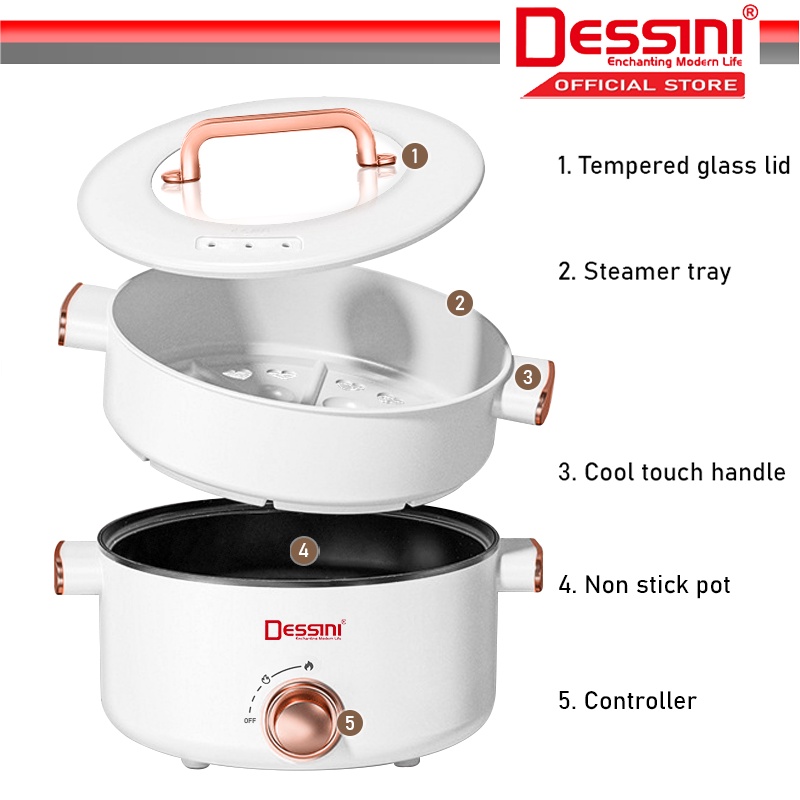 DESSINI ITALY Electric Cooker Steamboat Hot Pot Non Stick Frying Wok ...