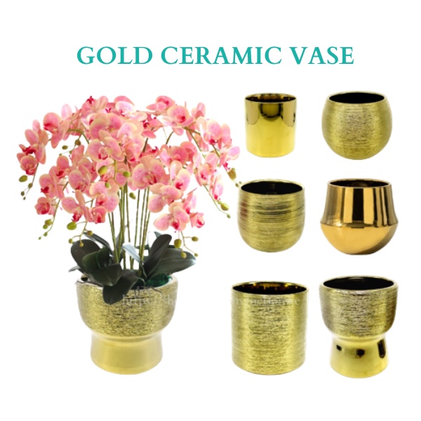 Premium Gold Vase Ceramic Vase Pasu Emas Metalic Vase Pasu Bunga Flower ...