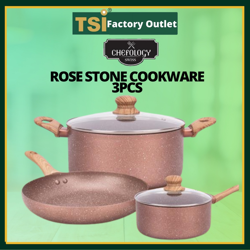 CHEFOLOGY STONE ROSE COOKWARE SET 3PCS (24CM FRY PAN + 24CM CASSEROLE W ...