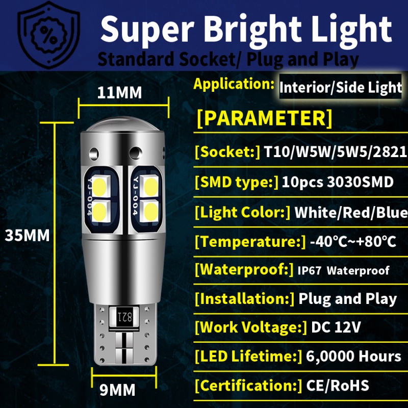 2x W5W T10 LED Canbus No error 12V 6000K 3030 10 SMD Car 5W5 LED Bulb ...