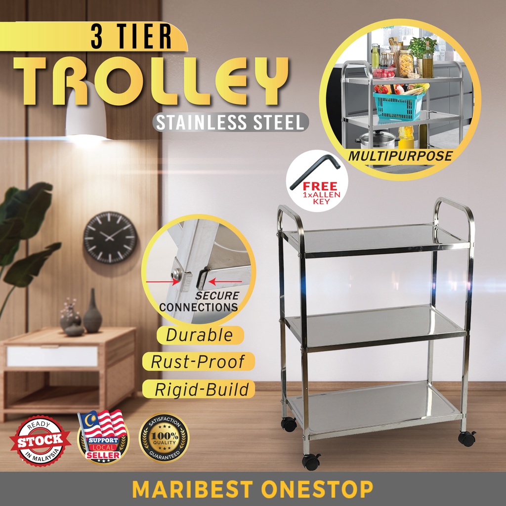3 Tier Trolley Stainless Steel 4 Wheel Heavy Duty Food Multi Rack ...