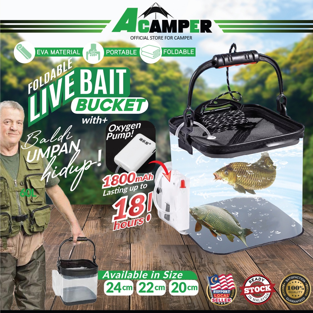 Foldable Live Bait Bucket with Oxygen Pump Barang Pancing Baldi Umpan ...