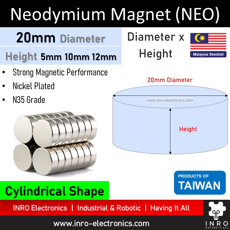 20mm Diameter Neodymium Magnet, Cylindrical Shape, Round Coin-Shaped ...