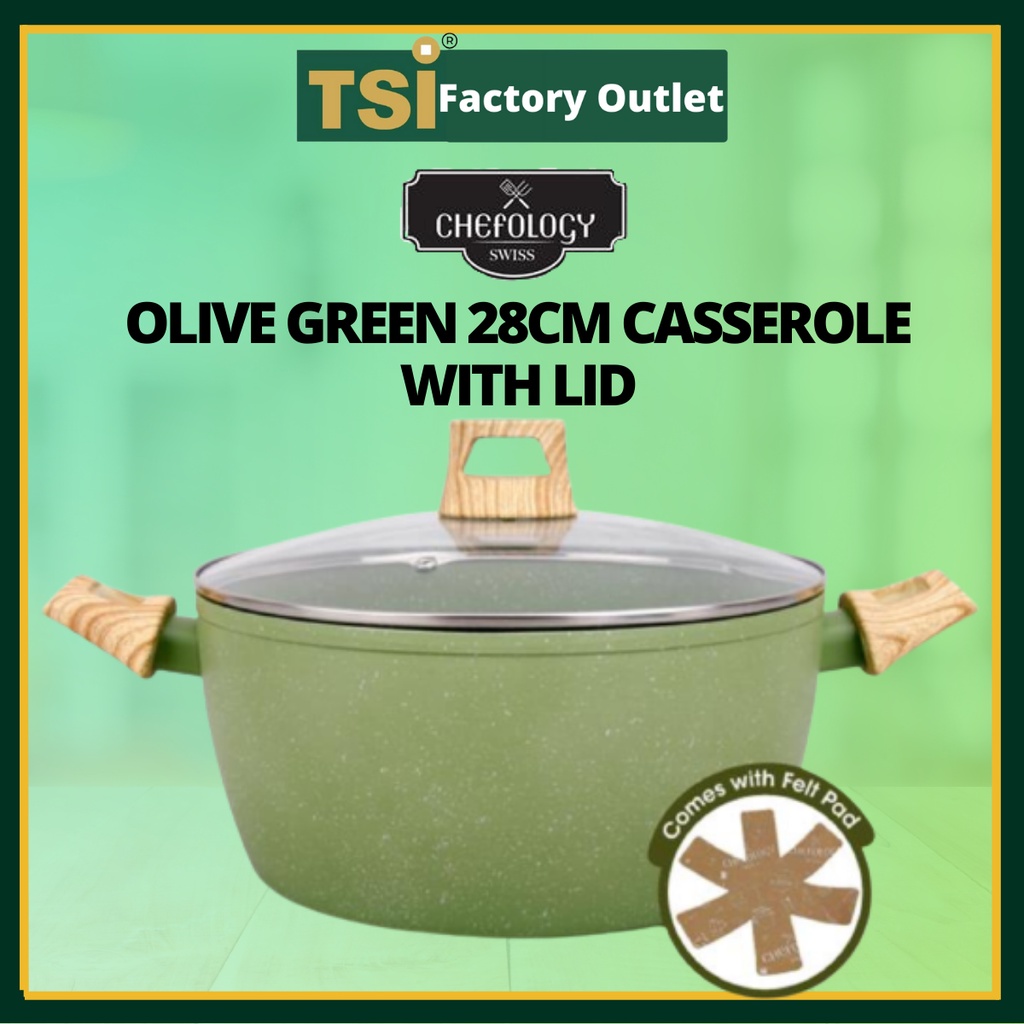 CHEFOLOGY OLIVE GREEN 28CM CASSEROLE W LID (FREE FELT PAD) | Shopee ...