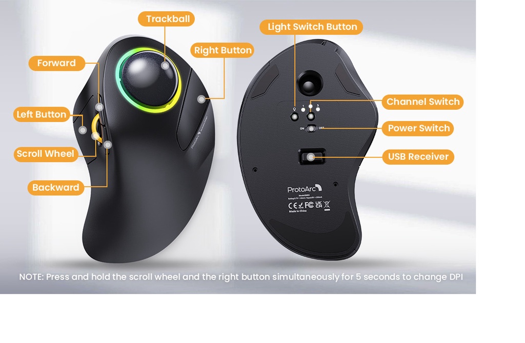 jomaa EM03 Wireless Bluetooth Trackball Mouse Rechargeable Ergonomic ...