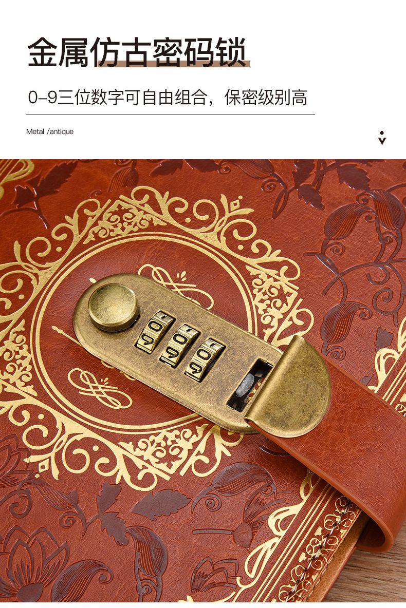 European Style A5 Locked Notebook Retro Code Book Creative High-End ...
