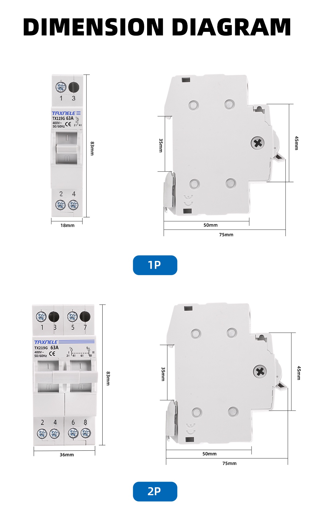 TAXNELE 1P 2P 3P 4P 40A 63A MTS Dual Power Manual Transfer Switch ...