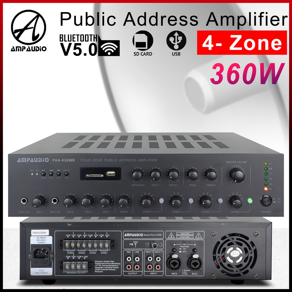 AmpAudio 360W Public Address Amplifier 4-Zone Selector With Bluetooth USB Amplifier | Shopee ...