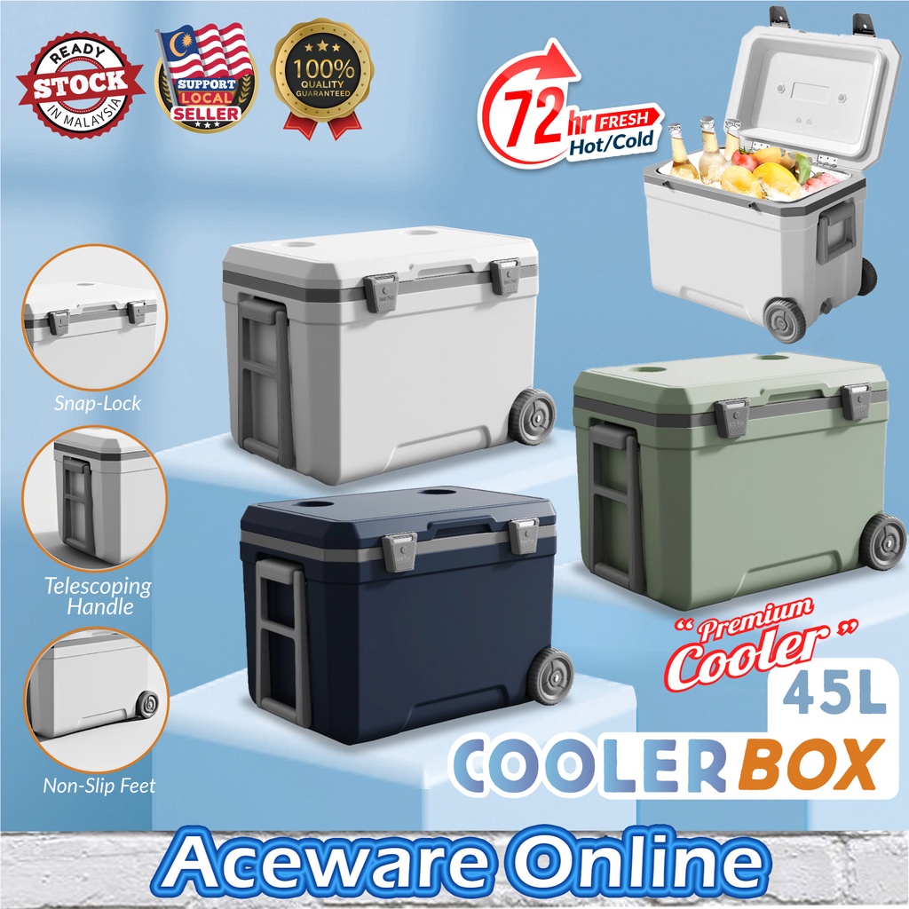 45L Cooler Box with Wheel Roller Portable Outdoor Food Storage Camping ...