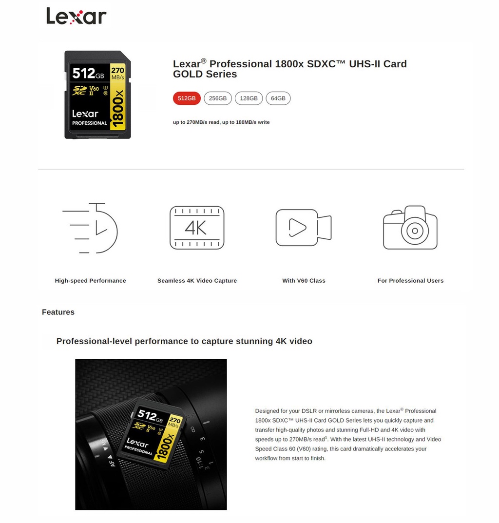 Lexar / Lexar® 64GB / 128GB / 256GB Professional 1800x SDXC™ UHS-II ...