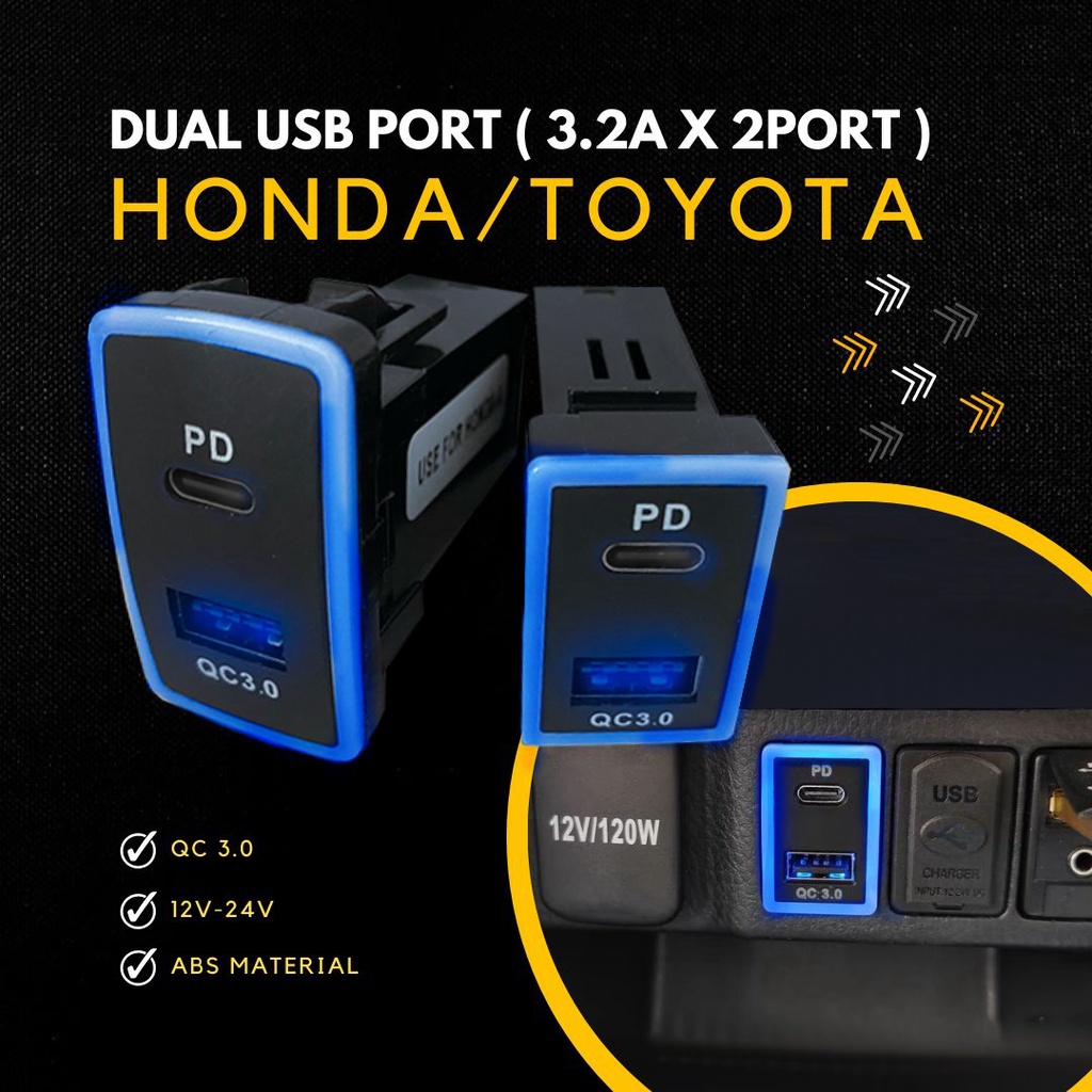【Honda/Toyota】 Dual USB Port Kit 6.4A High Speed Charger QC3.0 USB Type-C Port Car Charger City ...